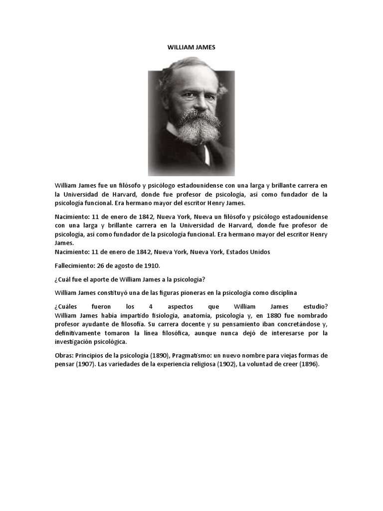 Biografía de William James, filósofo y psicólogo | PDF
