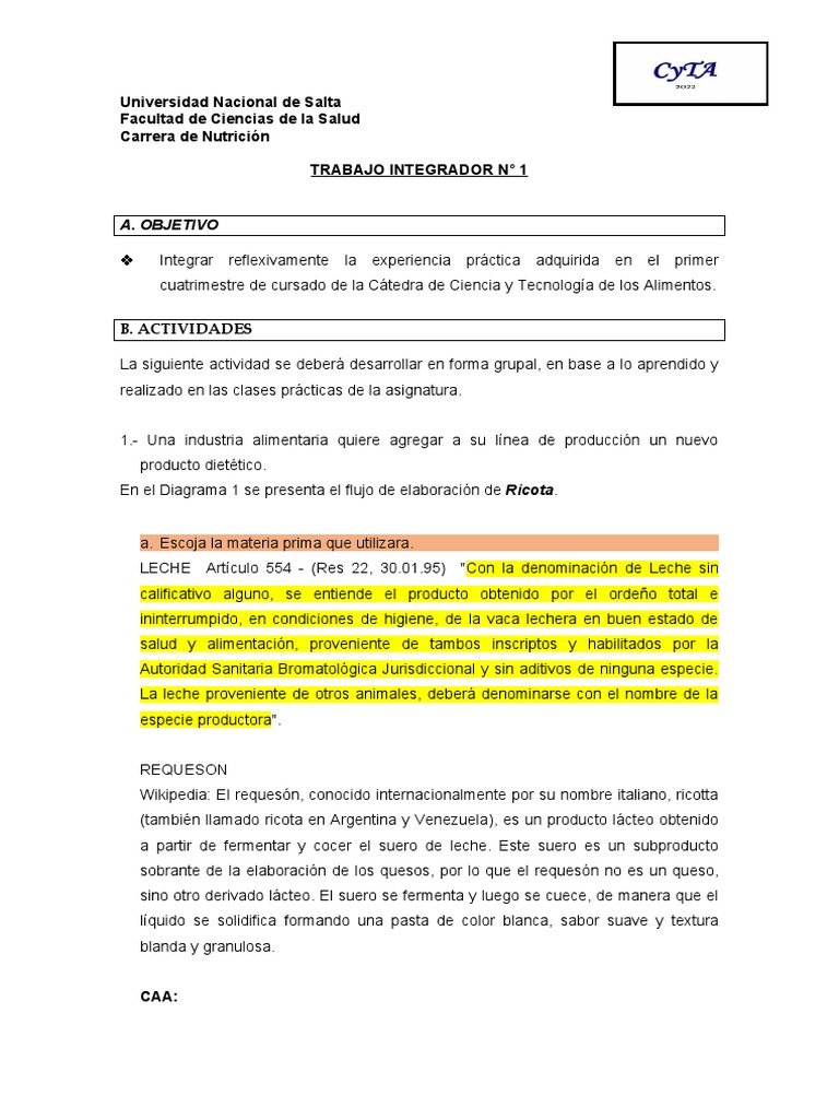 Ricota - Trabajo Integrador 1 | PDF | Ricotta | Leche