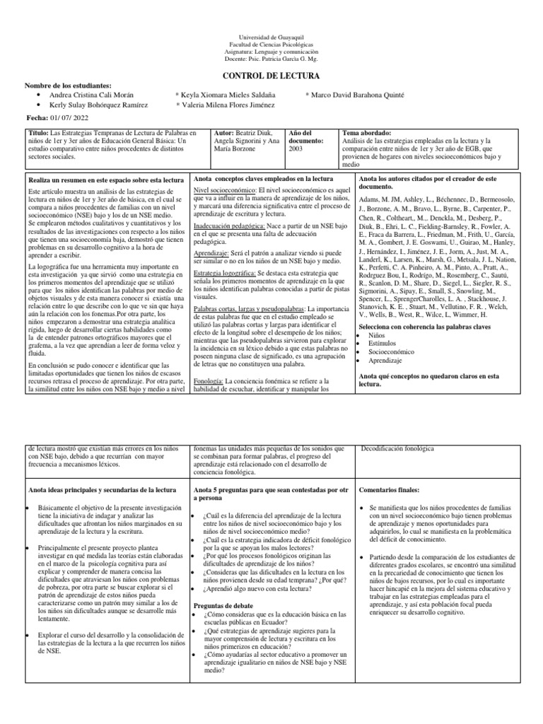 Control de Lectura - Estrategias Tempranas de Lectura | PDF ...