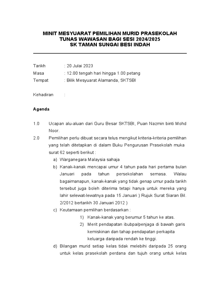 Minit Mesyuarat Pemilihan Murid Prasekolah | PDF