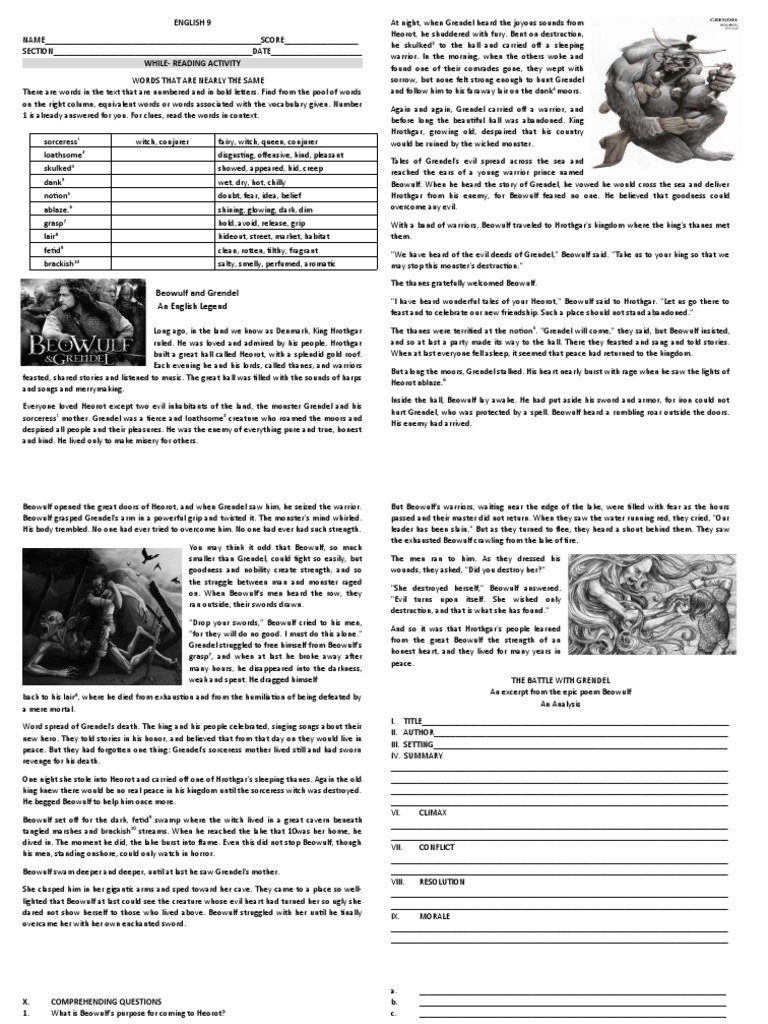 The Battle With Grendel Story Analysis | PDF | Beowulf | English Heroic ...