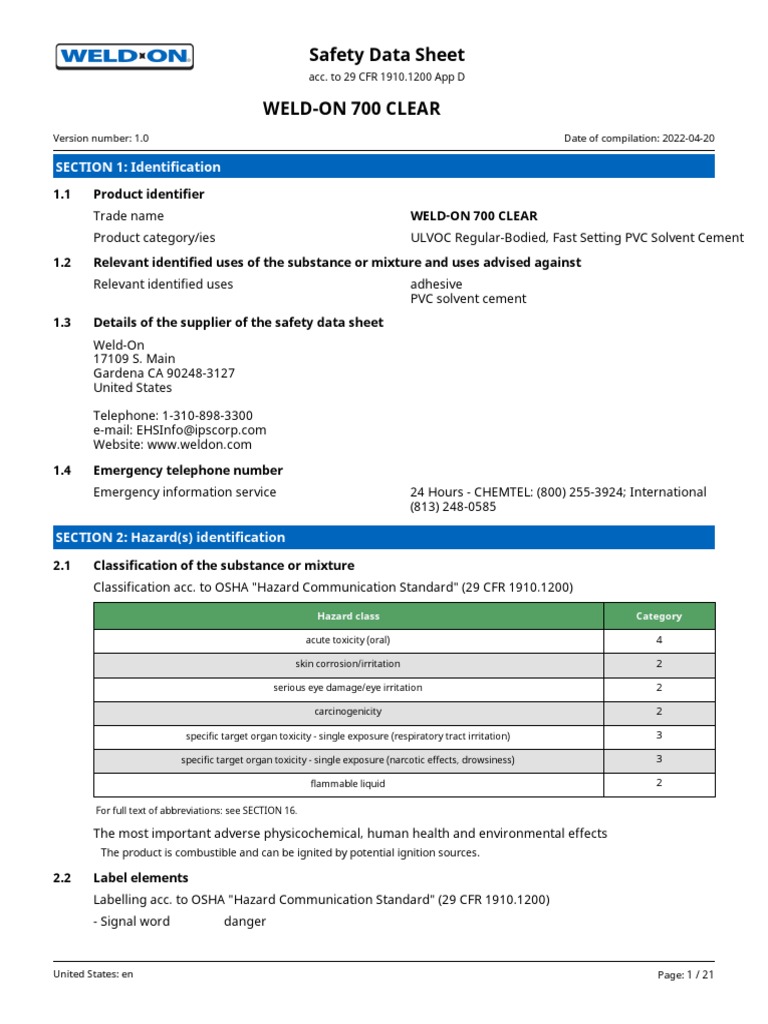 SDS WELD-ON 700 CLEAR US en 1 0 | PDF | Toxicity | Waste