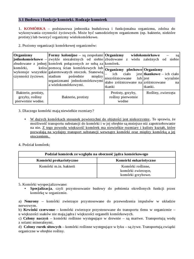 3.1 Budowa I Funkcje Komórki. Rodzaje Komórek | PDF