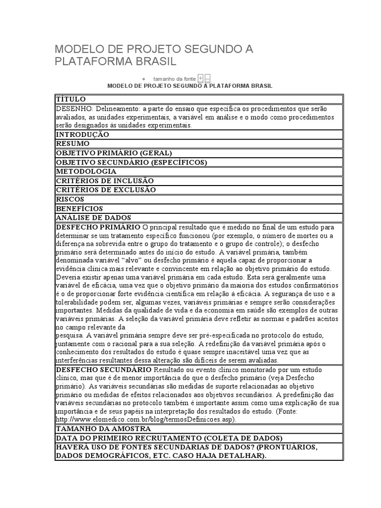 Modelo de Projeto Segundo A Plataforma Brasil | PDF | Dados | Science