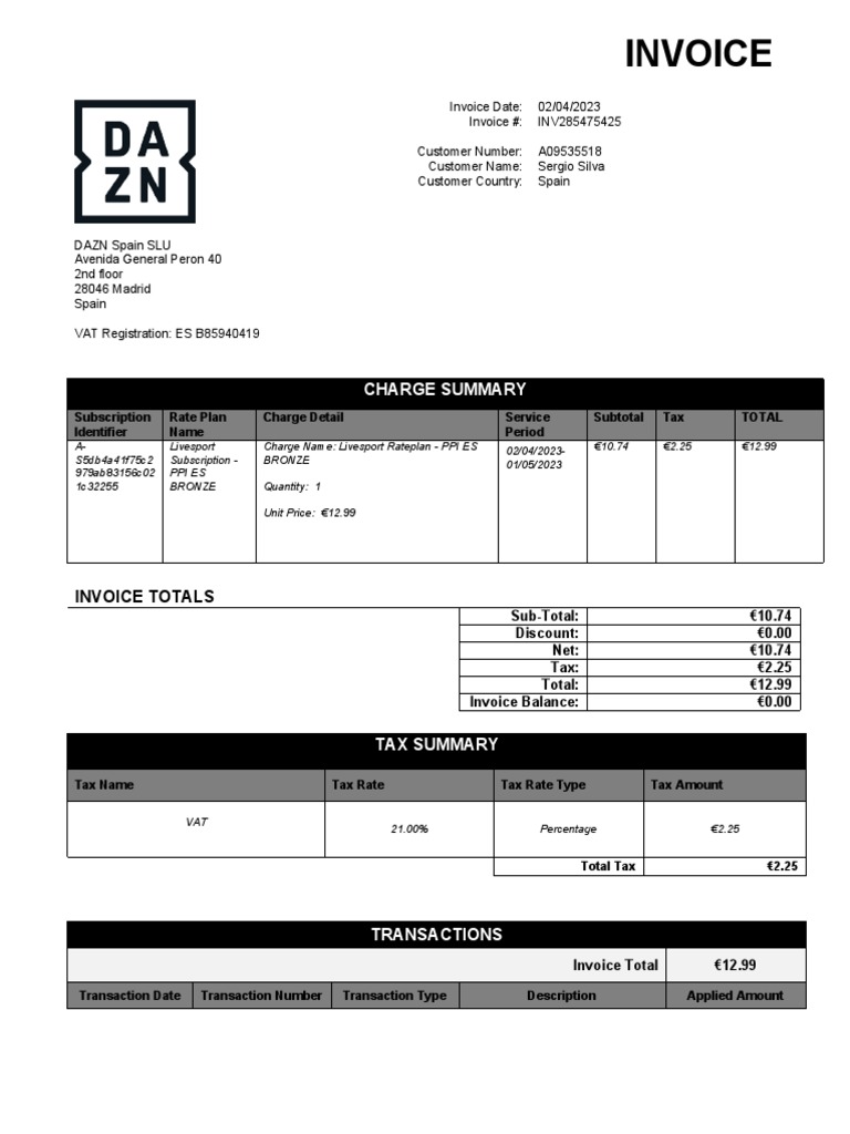 Dazn Invoice | PDF | Invoice | Taxes
