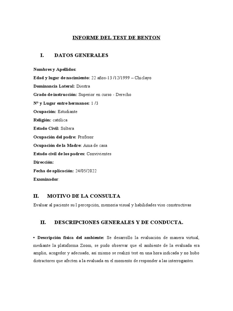 Informe Del Test de Benton | PDF | Ciencia cognitiva | Sicología