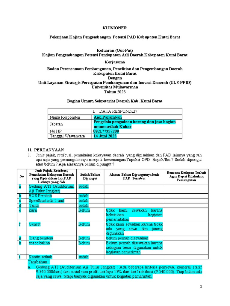 14 Juni 14 - Bagian Umum - Kuisioner PAD Kubar 2023 - Isi Edit | PDF ...