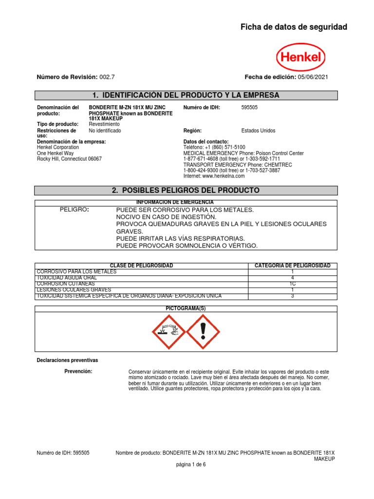 Bonderite M-ZN 181X: Ficha de Seguridad | PDF | Quemar | Agua