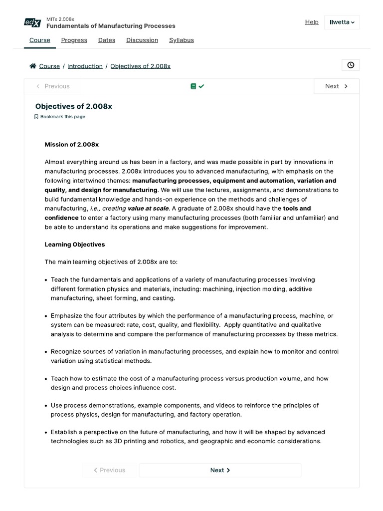 Fundamentals of Manufacturing Processes (Objectives) | PDF