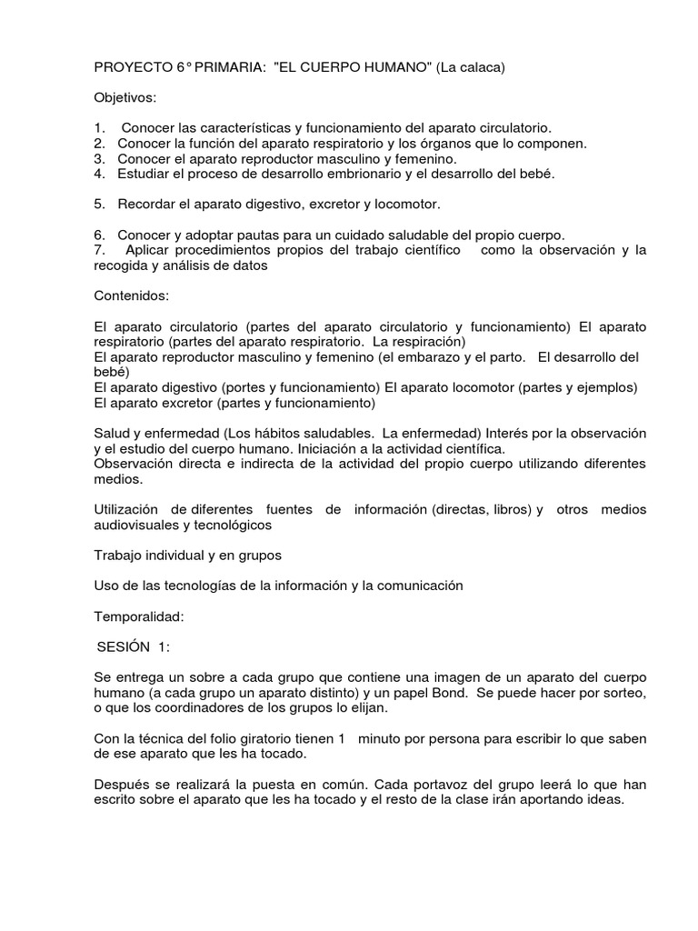 Proyecto 6° El Cuerpo HUmano | PDF