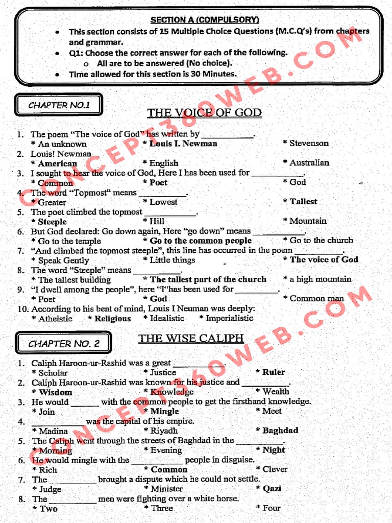 English Class 10 MCQs Section | PDF