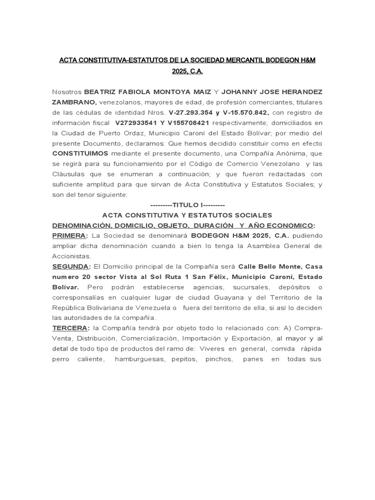 Acta Constitutiva Bodegon H&M 2025 1 | Descargar gratis PDF | Dividendo | Hoja de balance