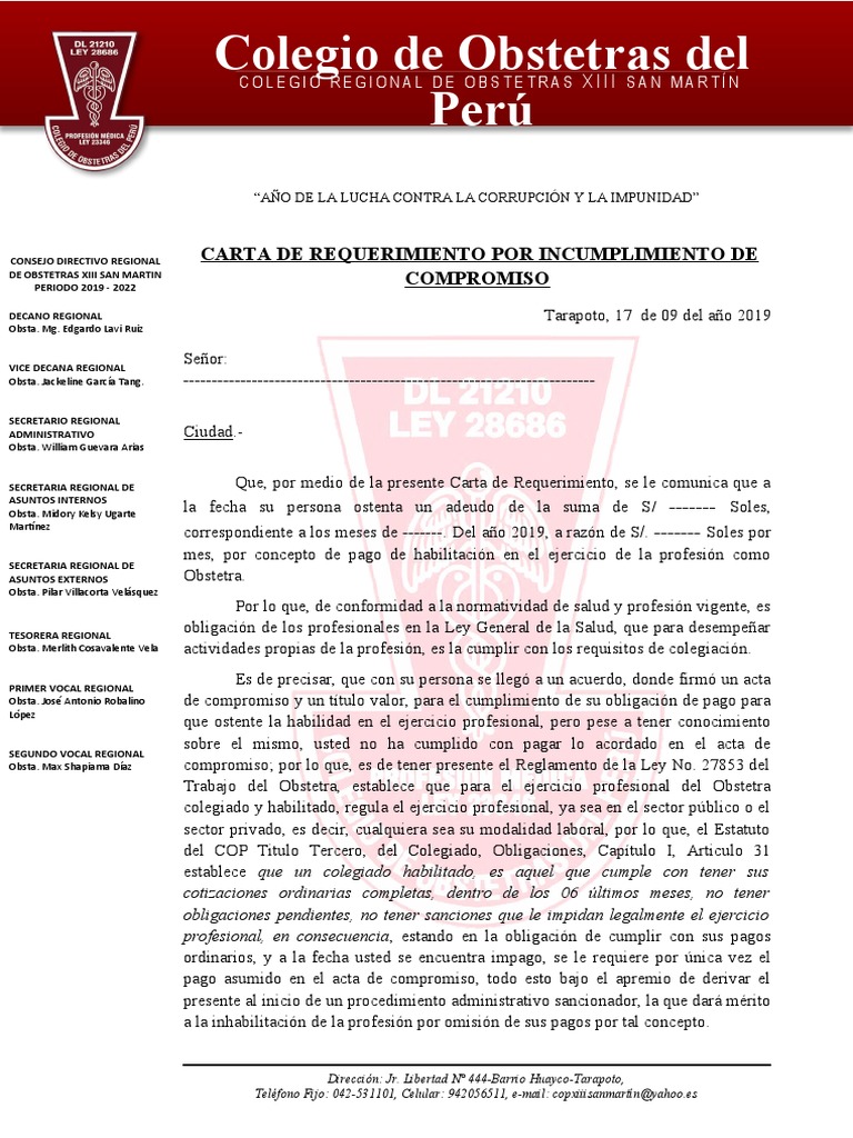 Carta de Requerimiento Por Incumplimiento | Descargar gratis PDF ...