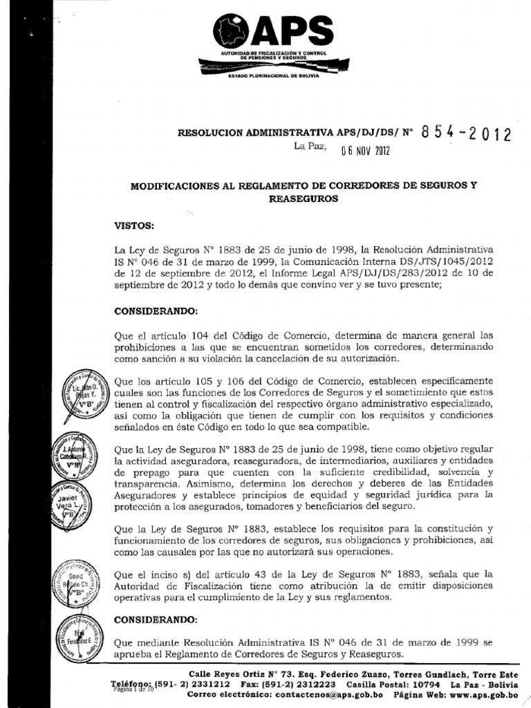 0854-12-Rapsds Modificaciones Al Reglamento de Corredores de Seguros | PDF | Seguro | Reaseguro