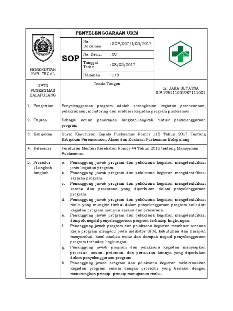 SOP Penyelenggaraan UKM | PDF