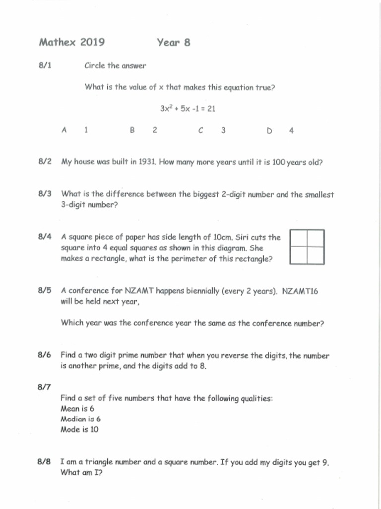 Year 8 Mathex Questions and Answers 2019 | PDF