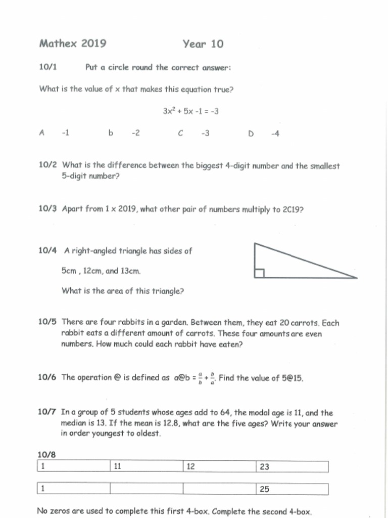 Year 10 Mathex Questions and Answers 2019 | PDF
