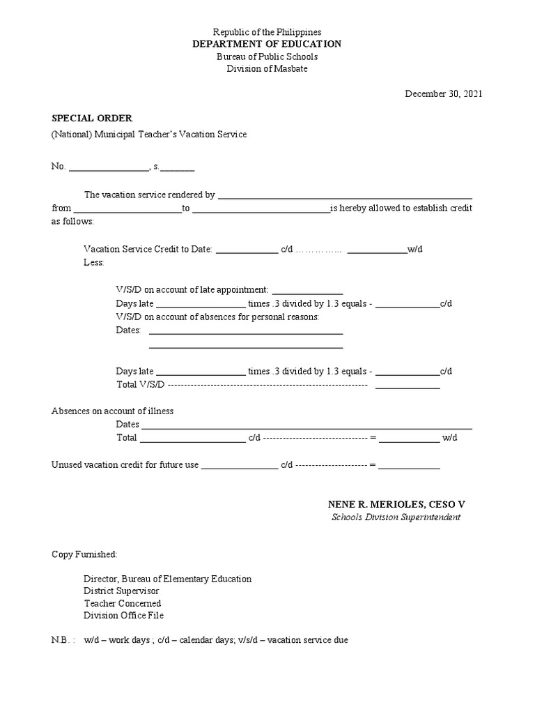 Special Order for Teacher's Vacation Service | PDF