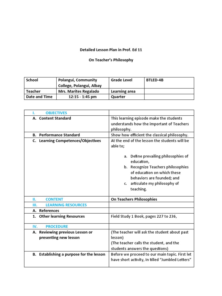 Detailed Lesson Plan in Prof Ed 11 | PDF | Philosophy Of Education ...