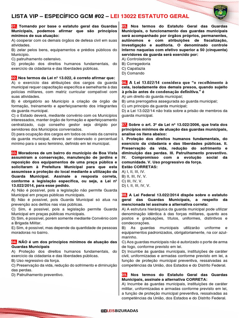 Lei 13022 - MiniSimulado | PDF | Estado | Cidadania