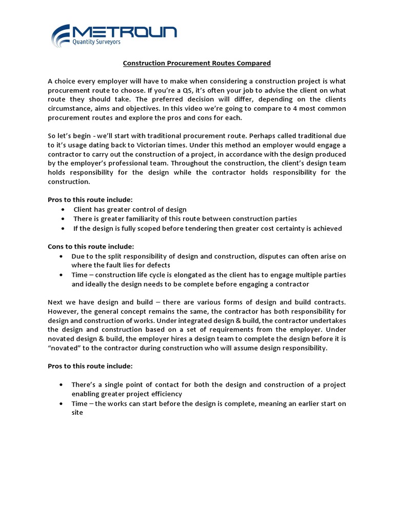 Construction Procurement Routes Compared | PDF | Employment | Subcontractor