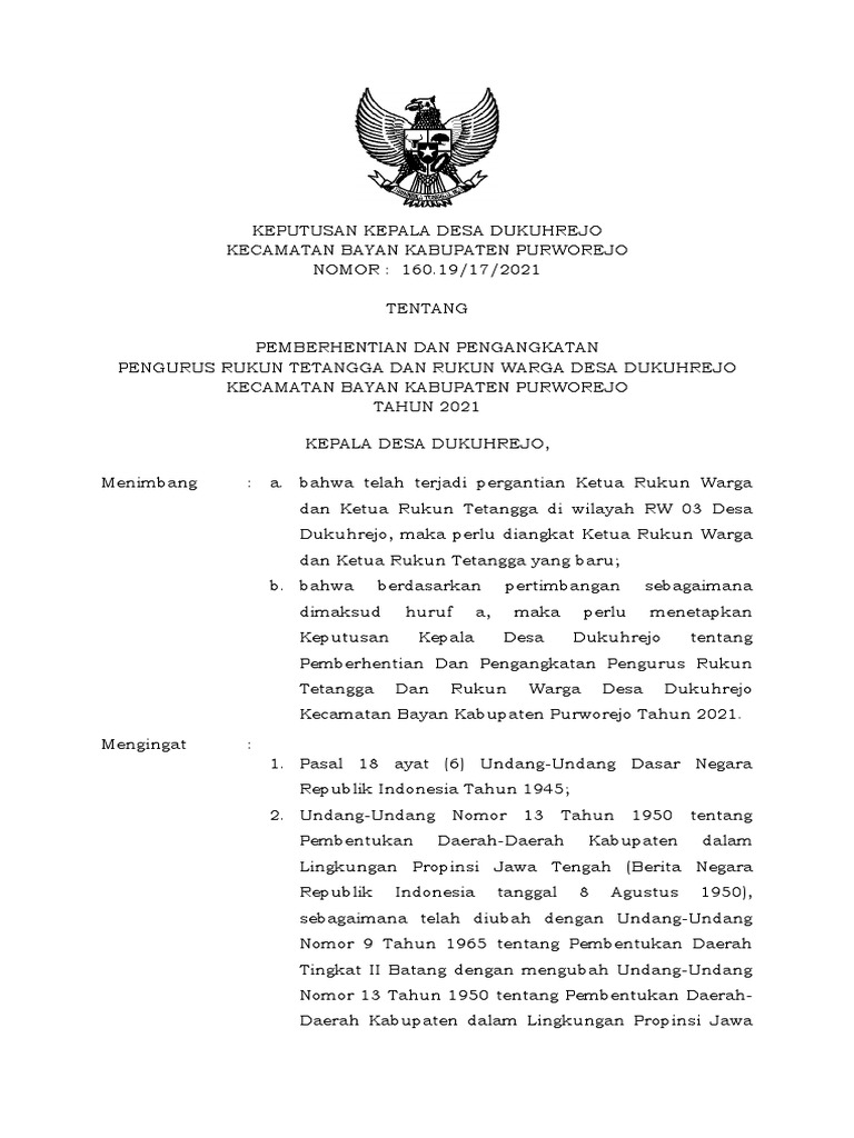 Keputusan Kepala Desa Dukuhrejo TTG Pemberhentian Dan Pengangkatan Pengurus RT Dan RW - 125421 | PDF