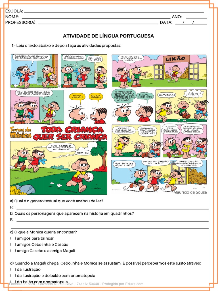 Atividade de Lingua Portuguesa Historia em Quadrinhos 2 | PDF