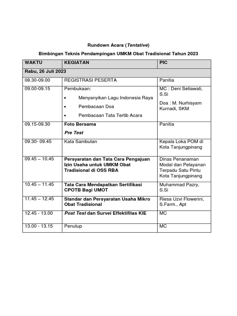 Rundown Acara Bimtek Umk Ot 2023 | PDF