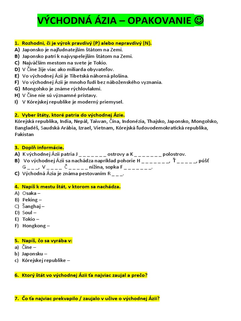 Východná Ázia - OPAKOVANIE | PDF