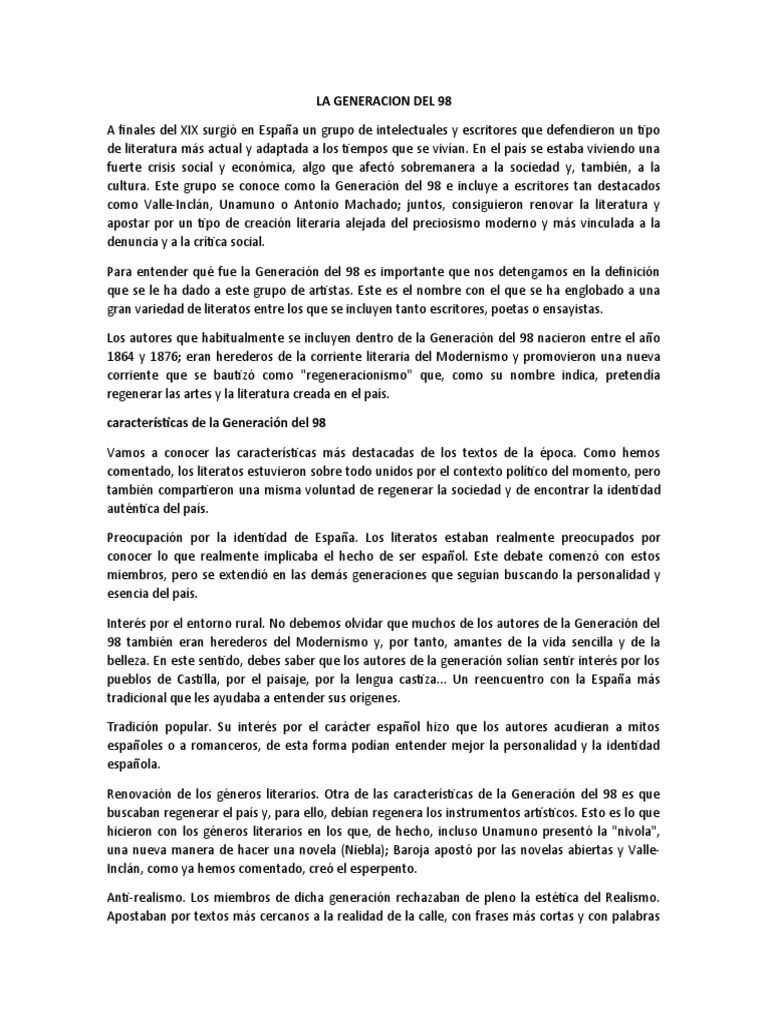 Características de la Generación del 98 | PDF