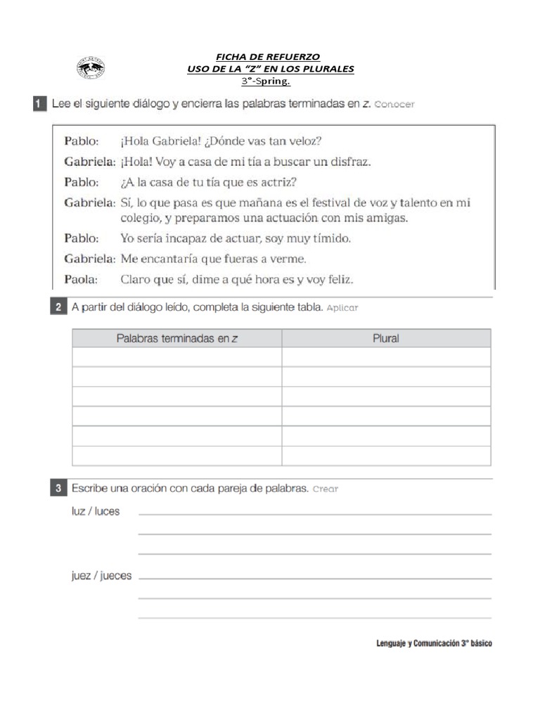 Uso de la Z en Plurales para 3° Básico | PDF