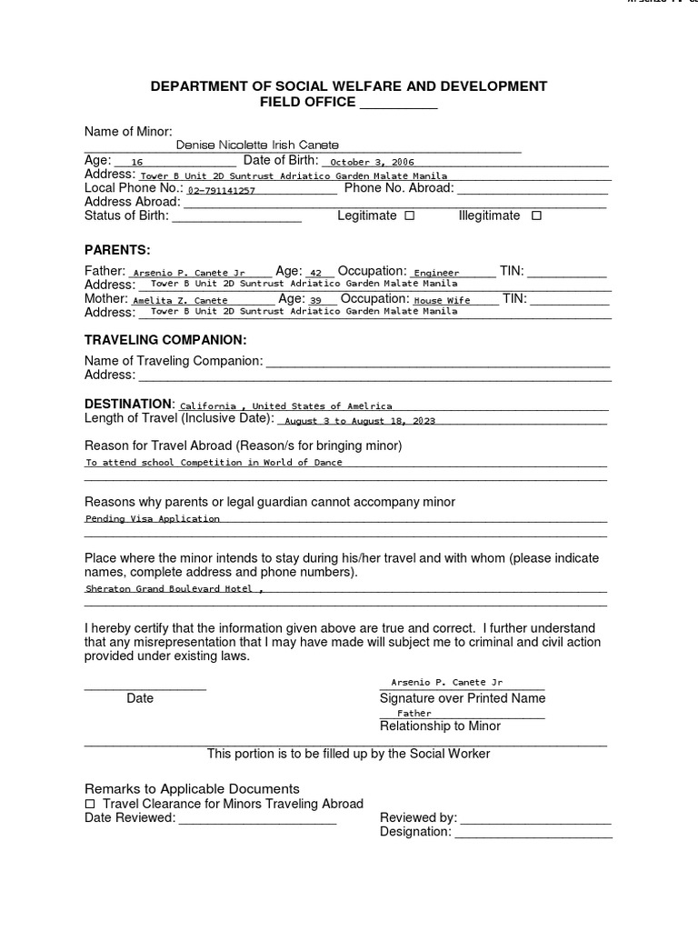 MINORS TRAVELLING ABROAD Application Form Affidavit of Support and Consent Affidavit of ...
