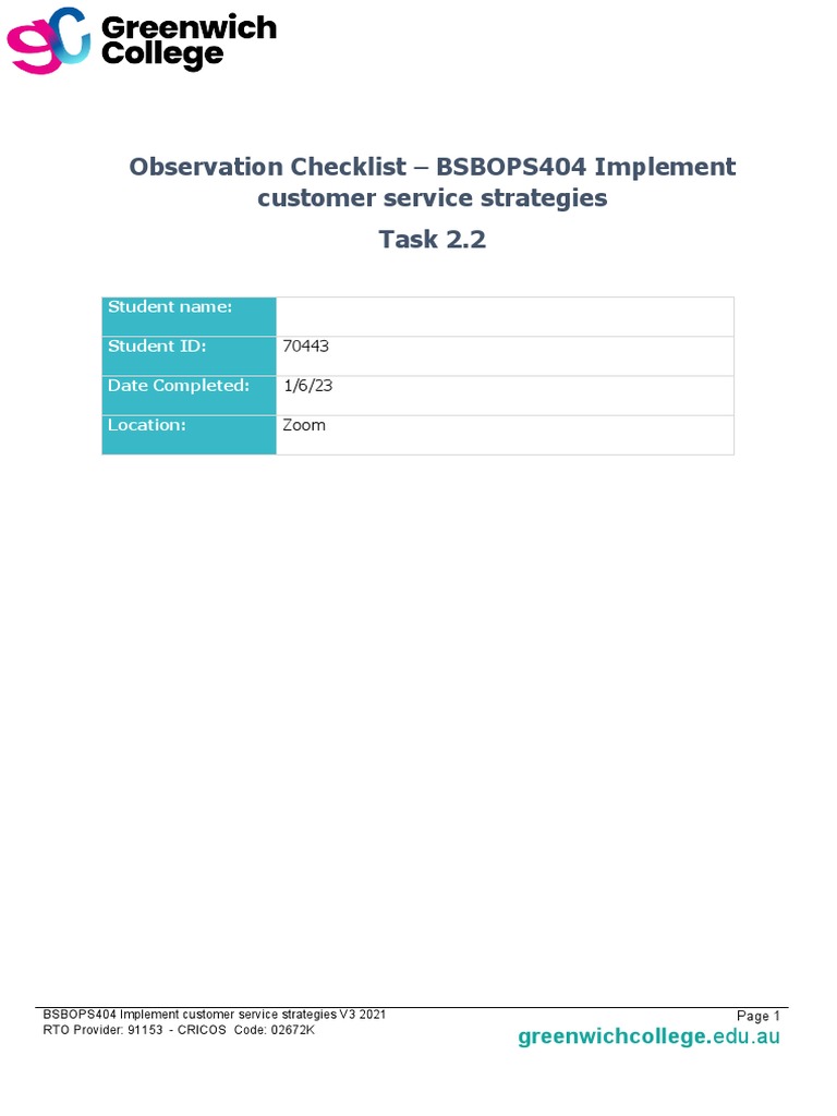 Observation Checklist Task 2.2 - BSBOPS404 V1 | PDF | Behavior ...