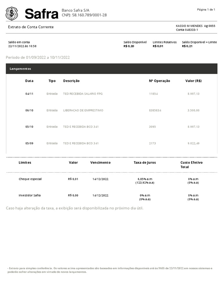 Extrato de Conta Corrente - 20221122 | PDF | Serviços financeiros | Bancos