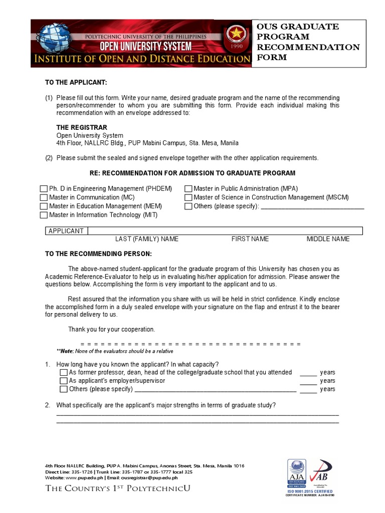 PUP OUS Recommendation Letter 2019 | PDF | Cognition