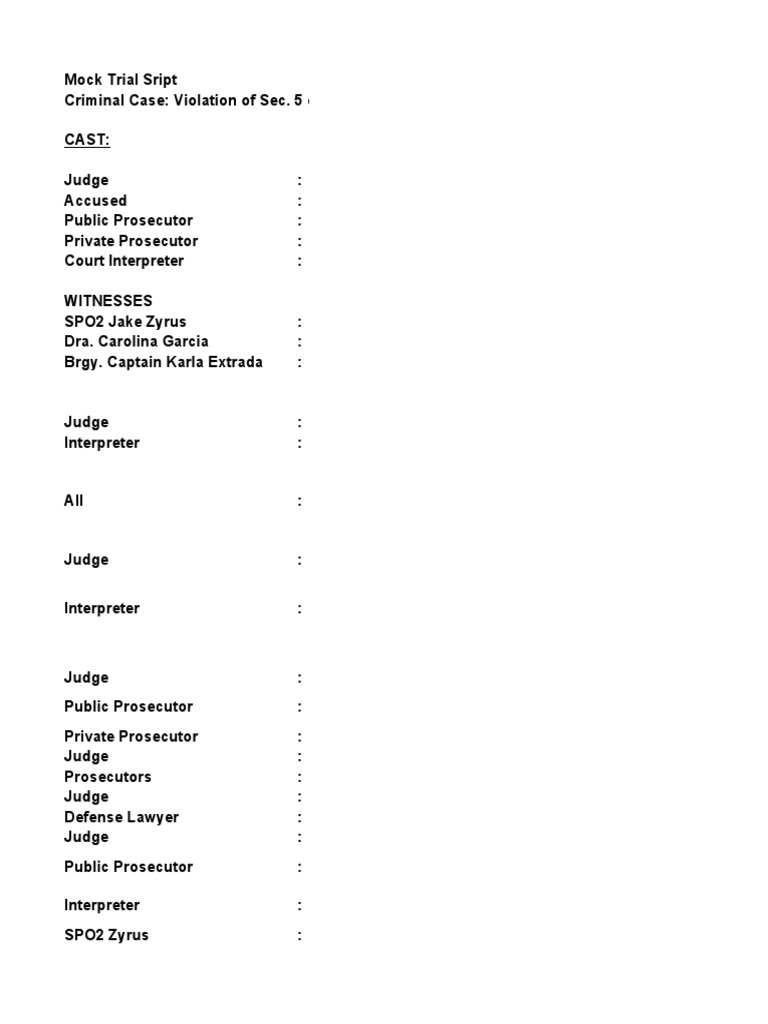 Mock Trial Script | Download Free PDF | Witness | Prosecutor