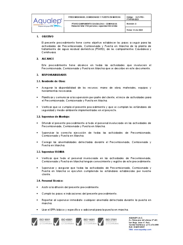 Pre Comisionado, Comisionado y Puesta en Marcha PTAR 306 m3 Día | PDF ...