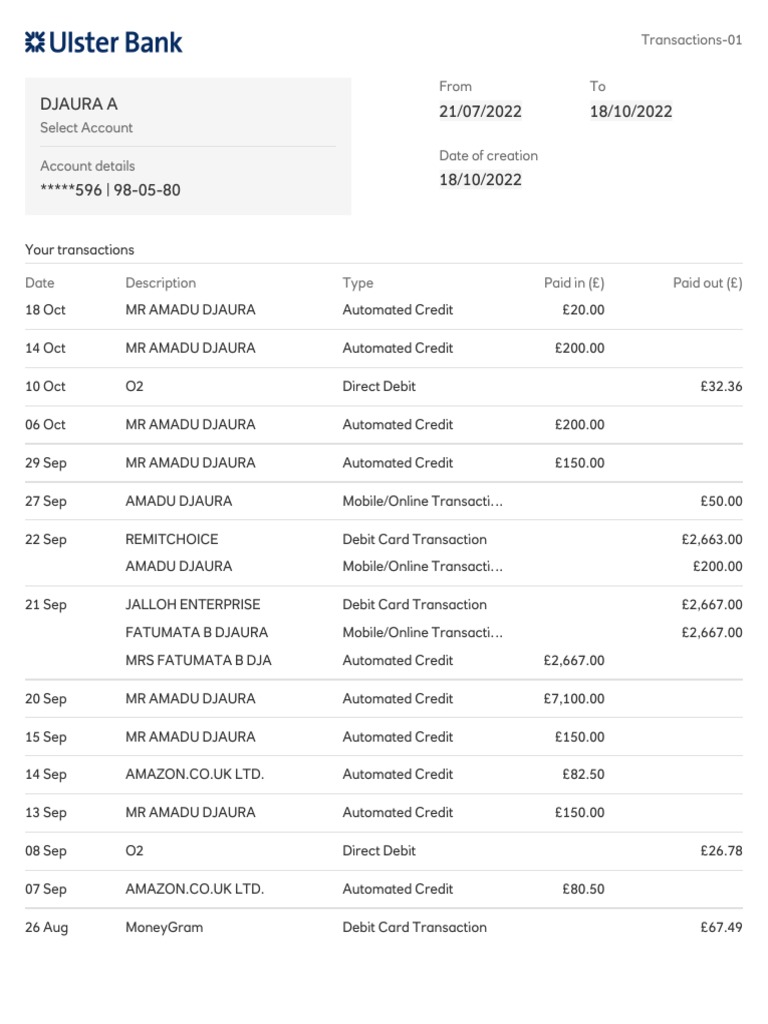TXN - 18102022 - 21072022 - 18102022 - Ulster Bank | PDF | Debit Card ...