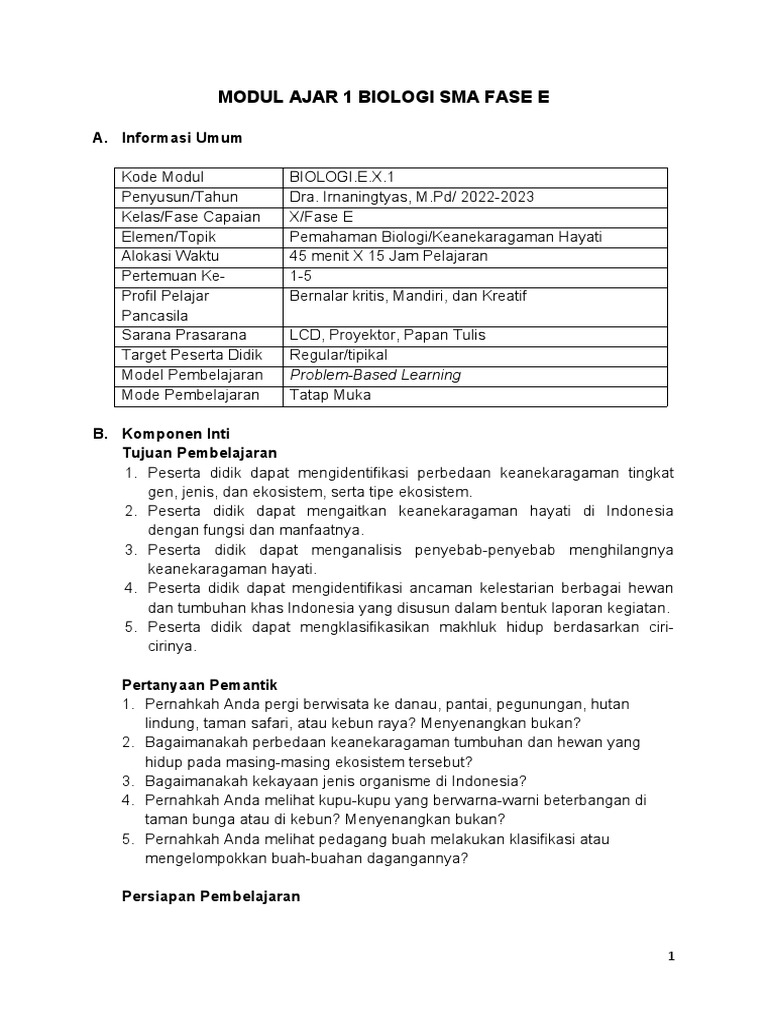 A. MODUL AJAR IPA BIOLOGI SMA KELAS X BAB 1-Edit Irna | PDF