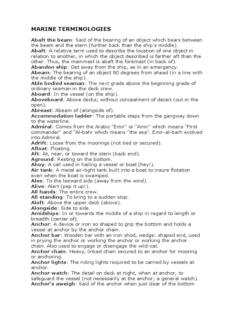 Marine Terminology Glossary | PDF | Anchor | Ships