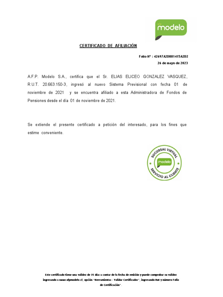 Certificado Afiliación AFP MODELO | PDF
