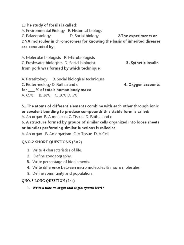 1st Year Biology Test 1 | PDF