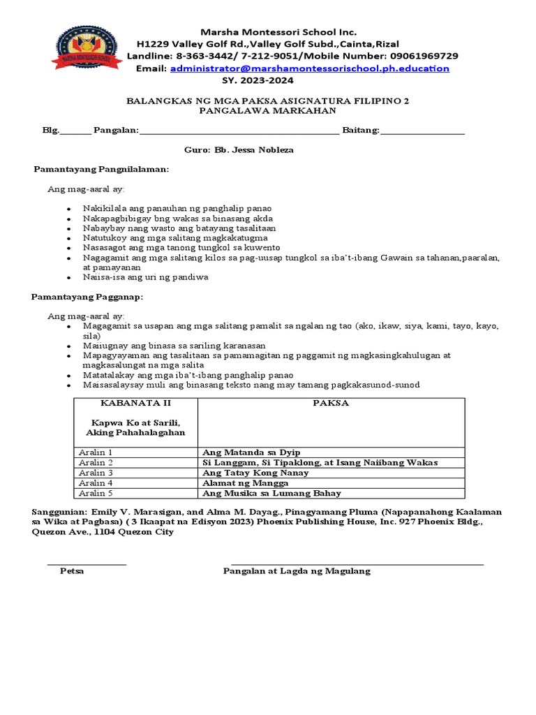 Grade 2 Filipino 2ND Quarter Topic Outline | PDF