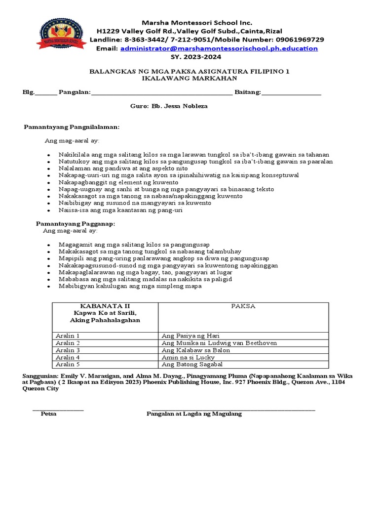 Grade 1 Filipino 2ND Quarter Topic Outline | PDF