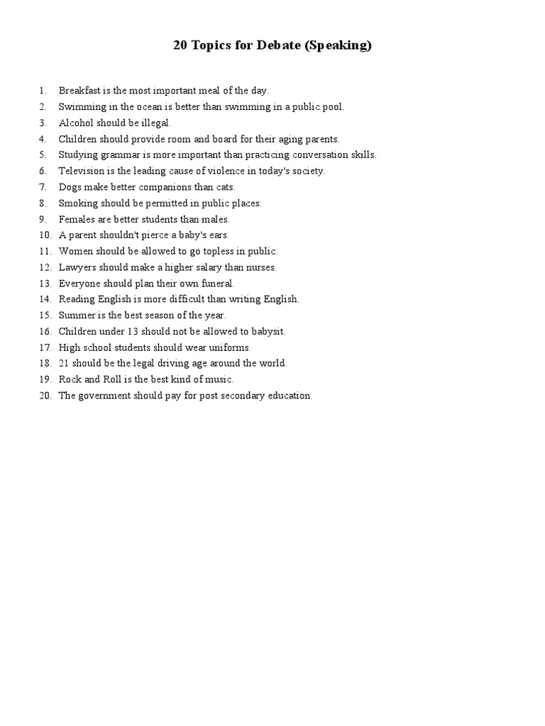 20 Engaging Debate Topics for Speaking | PDF