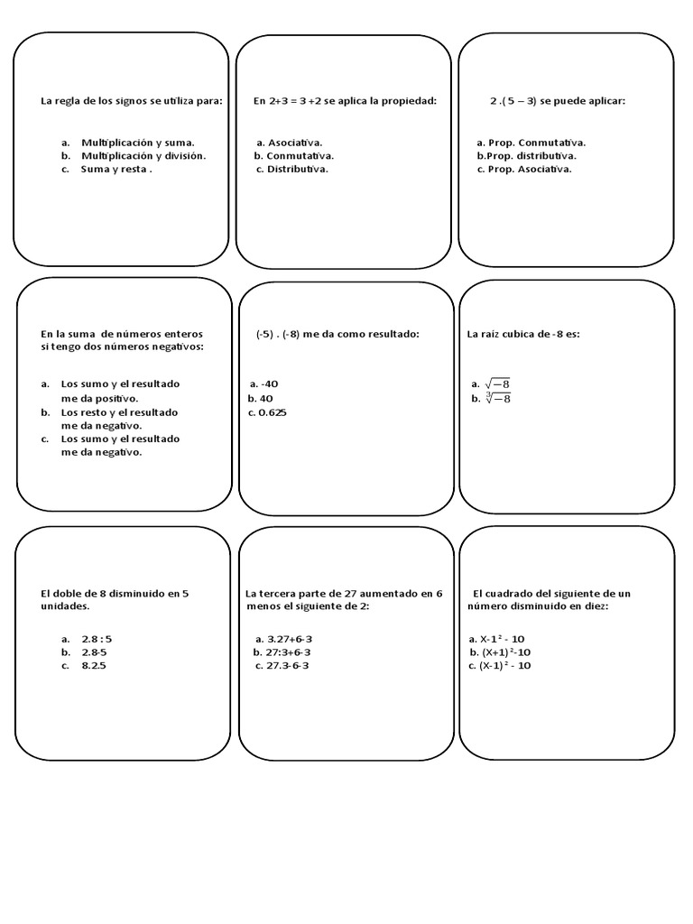 Cartas Opcion Multiple Enteros | PDF | Multiplicación | Raíz cuadrada