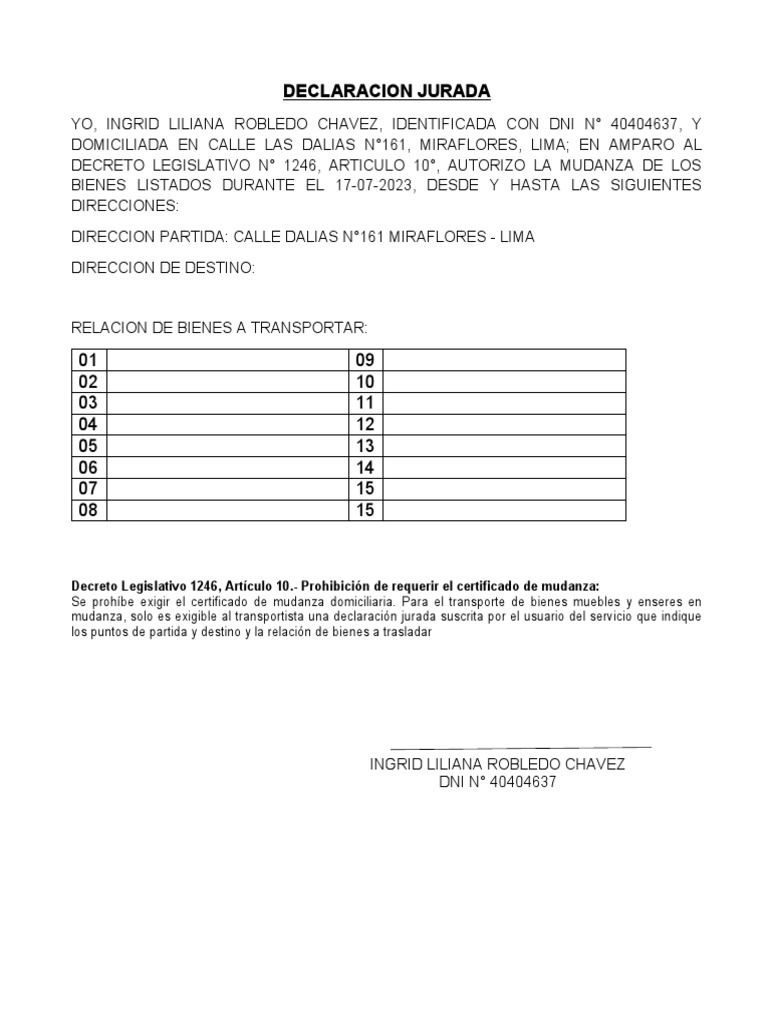 Declaracion Jurada Mudanza | PDF