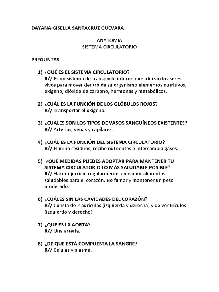 Sistema Circulatorio (Preguntas) | PDF