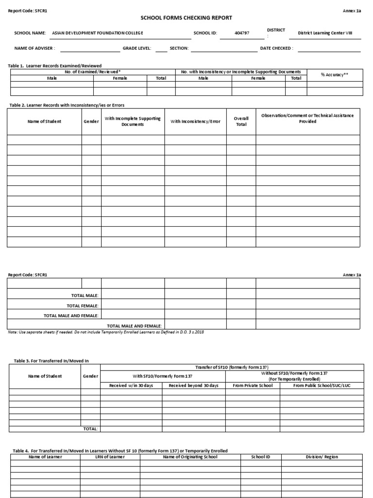 School Forms Checking Report SFCR1 | PDF