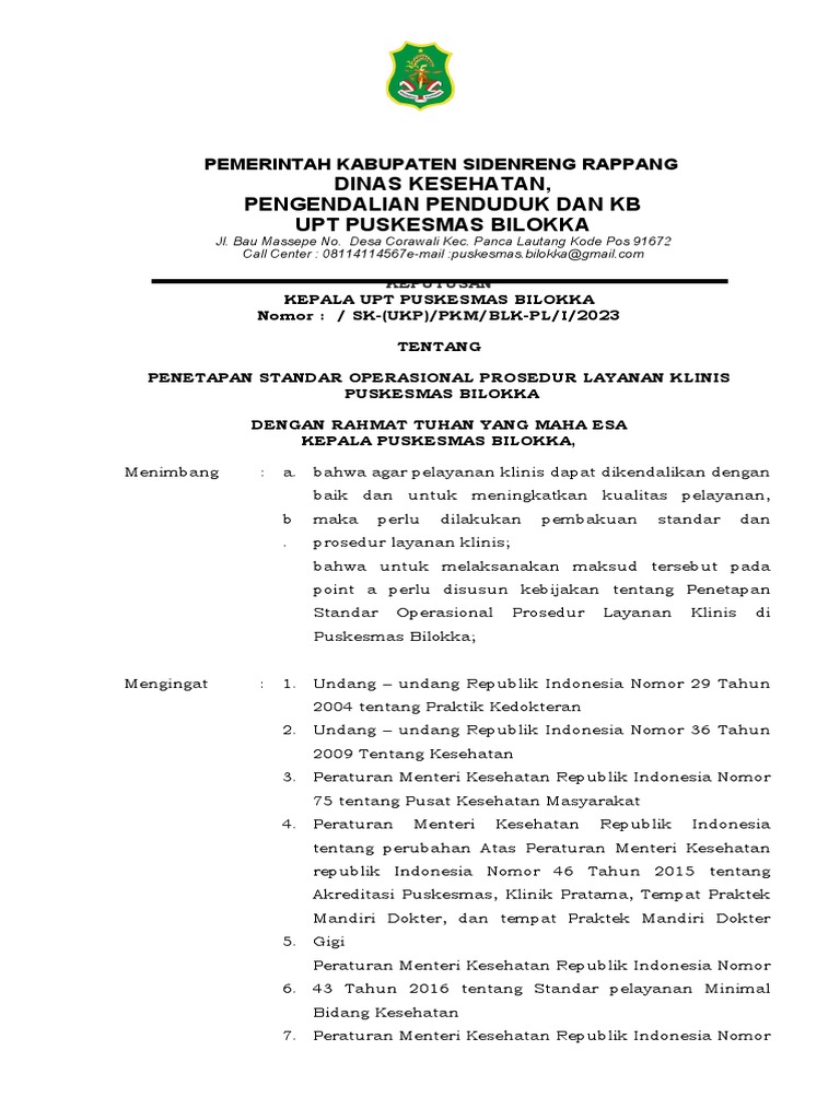 SOP Layanan Klinis Puskesmas Bilokka | PDF | Pengembangan Diri | Kesehatan Holistik